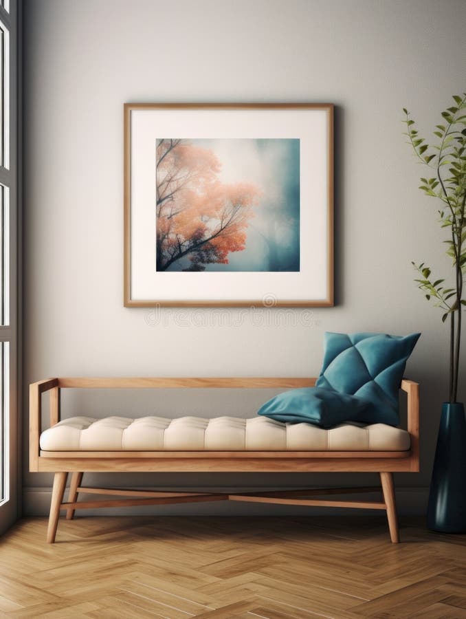 Bench and Mock Up Poster Frame in Mid-century Style Room. Home Interior ...
