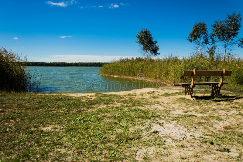 Bench Near the Bay of the Lake Stock Image - Image of blue, sunny: 96262917