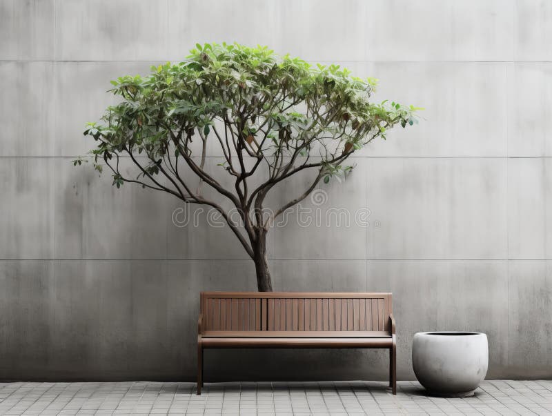 A Bench Next To a Tree in Front of a Wall Stock Illustration ...