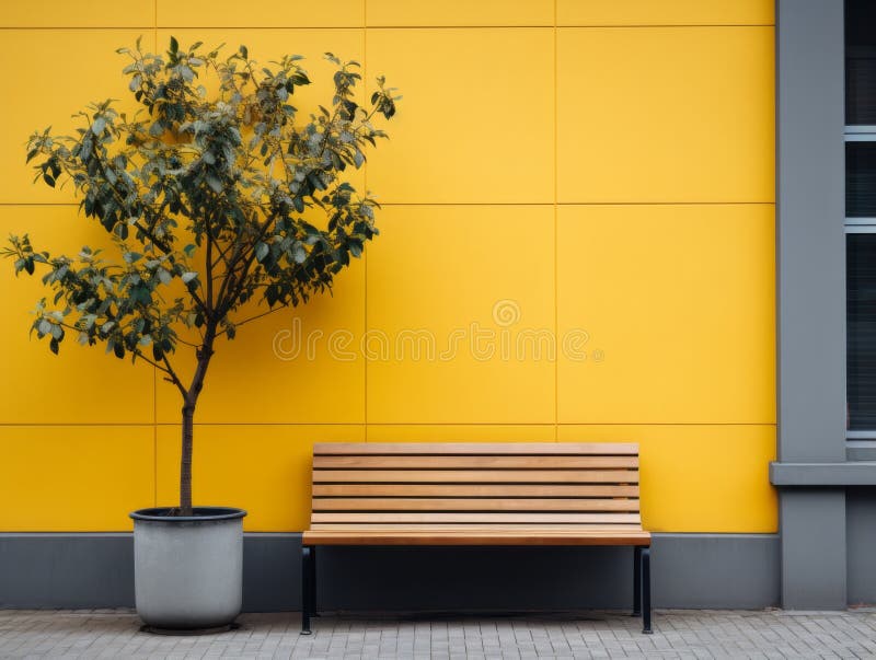 A Bench Next To a Tree in Front of a Yellow Wall Stock Illustration ...