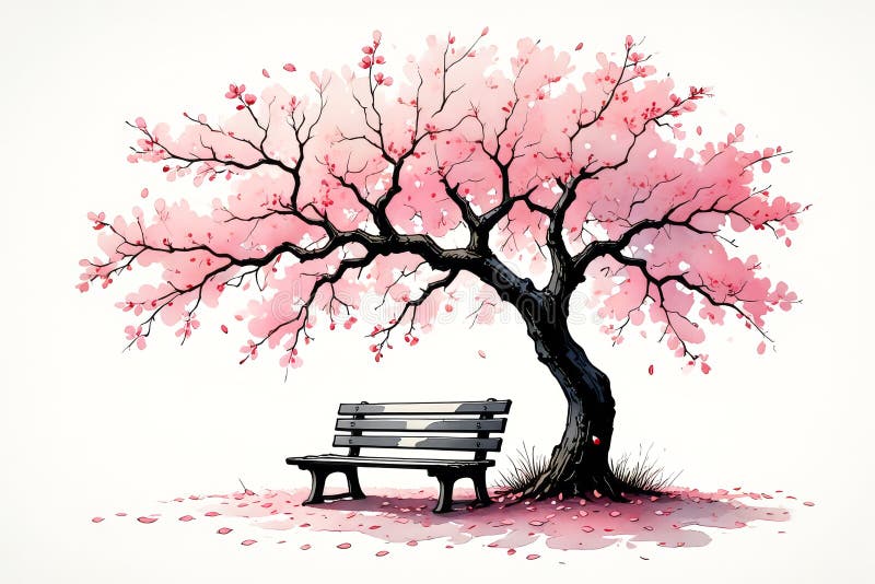 Bench is Next To a Tree with Pink Blossoms Stock Image - Image of ...