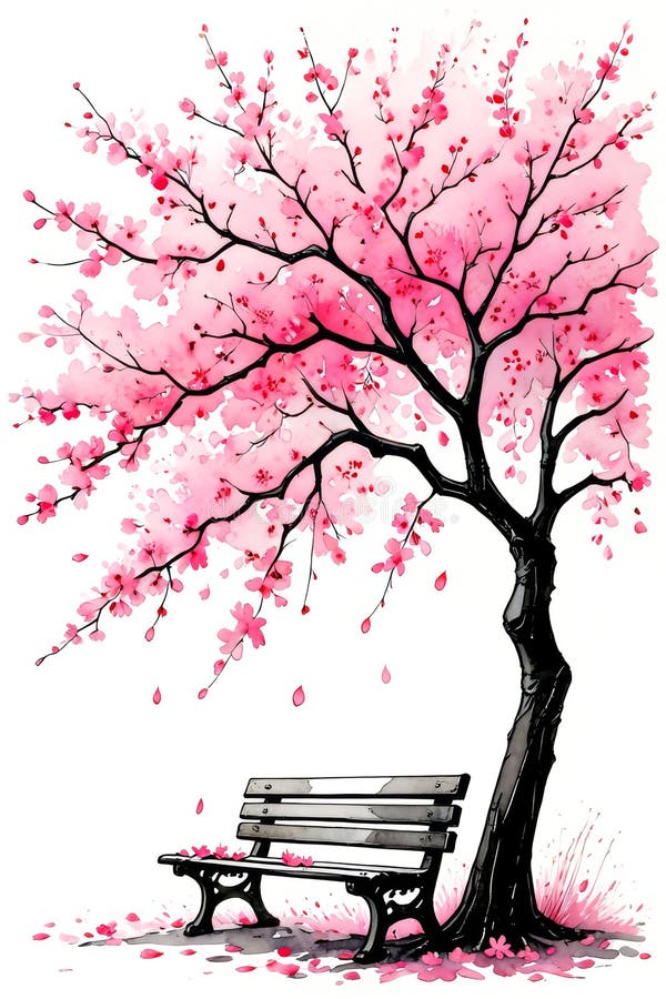 Bench is Next To a Tree with Pink Leaves Stock Image - Image of blossom ...