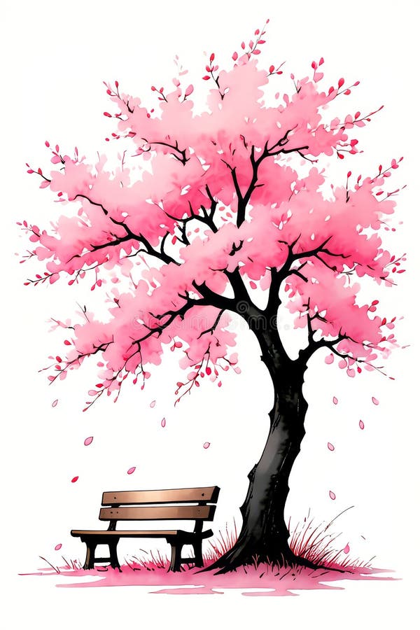 Bench is Next To a Tree with Pink Leaves Stock Photo - Image of bench ...