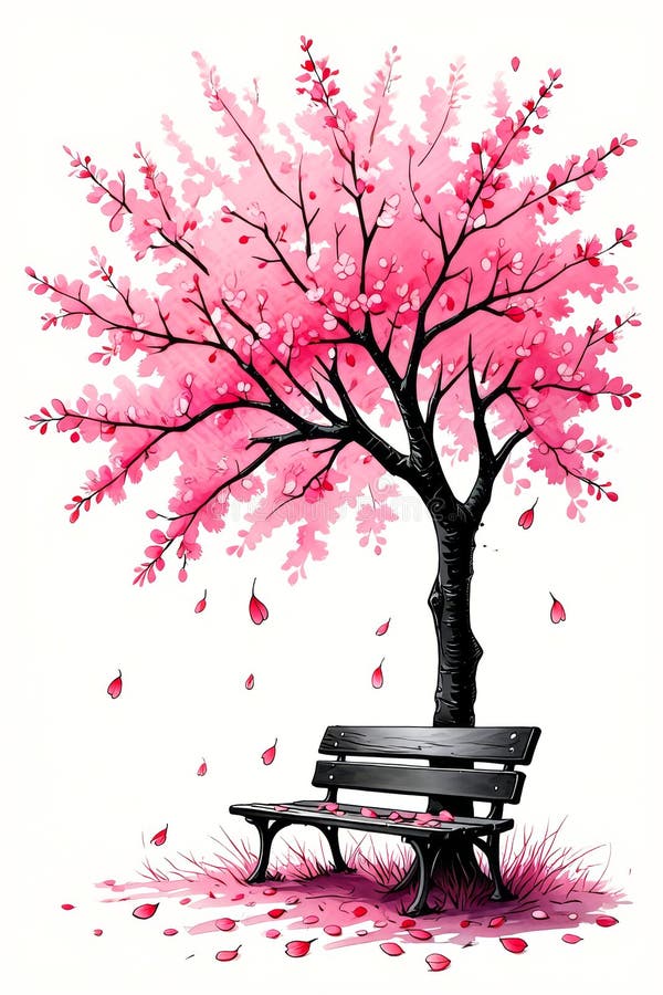 Bench is Next To a Tree with Pink Leaves Stock Photo - Image of ...