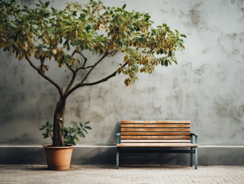 A Bench Next To a Tree and a Potted Plant Stock Illustration ...