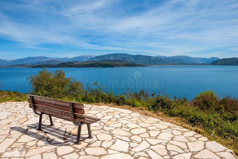 Bench with Nice View To the Sea - Tranquil Scene from Corfu Stock Image ...