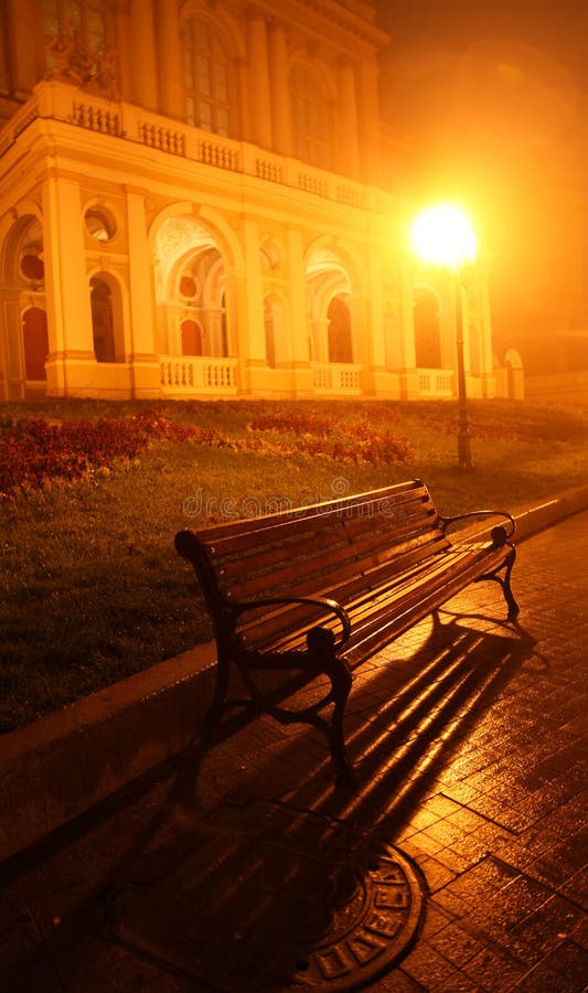 Bench in Night Alley with Lights Stock Image - Image of perspective ...