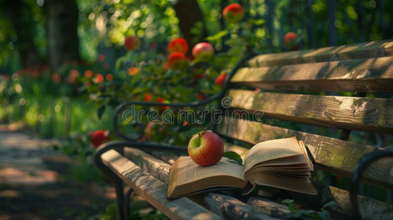 A Bench with an Open Book and an Apple on it Stock Illustration ...