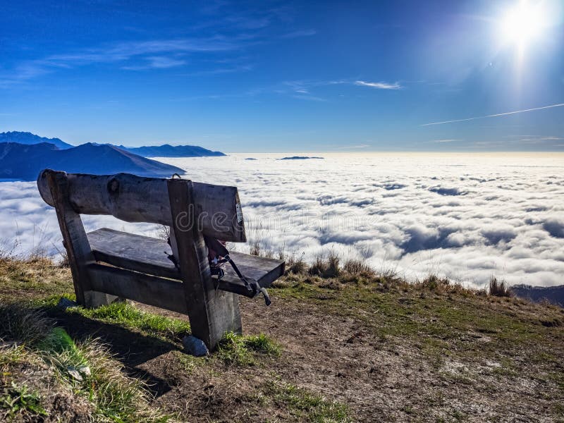 Bench Over the Clouds in the Alps Stock Image - Image of adventure ...
