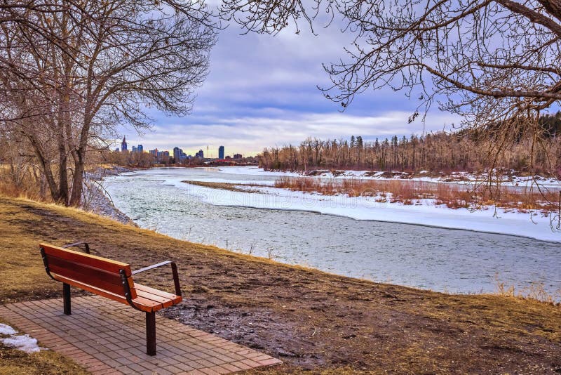 Bench Overlooking the Bow River Stock Photo - Image of moody, park ...