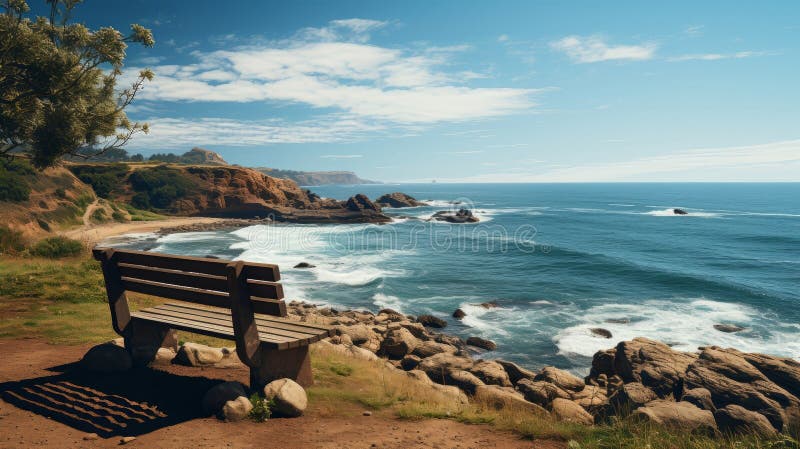 A Bench Overlooking the Ocean. Generative AI. Stock Illustration ...