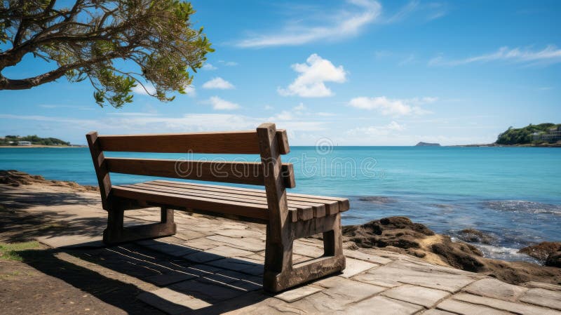 A Bench Overlooking the Ocean. Generative AI. Stock Illustration ...