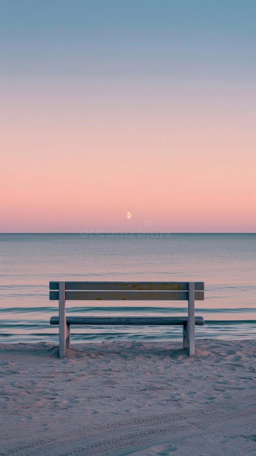 Bench Overlooking Serene Ocean during Sunset with Visible Moon Stock ...