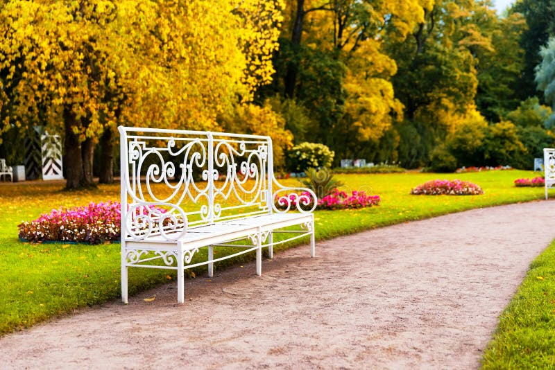 Bench in the Park in Fall Time Stock Image - Image of forest, foliage ...