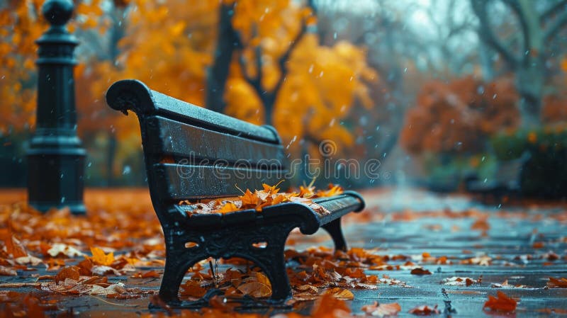 A Bench in a Park with Leaves on the Ground and Rain Falling Stock ...