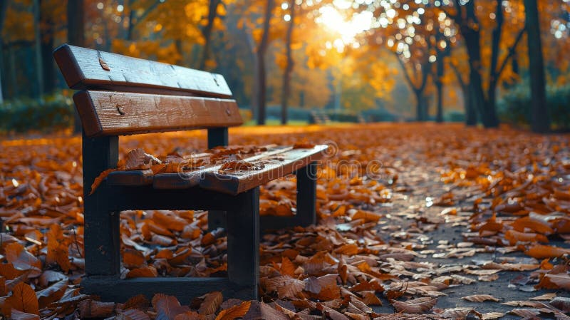 A Bench in a Park with Leaves on the Ground and Rain Falling Stock ...
