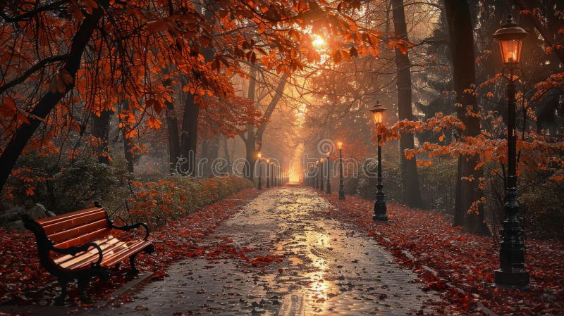 A Bench in a Park with Leaves on the Ground and Rain Falling Stock ...