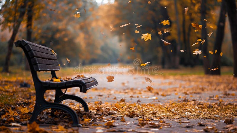 Bench in a Park, Surrounded by Fallen Leaves and the Sound of Wind ...
