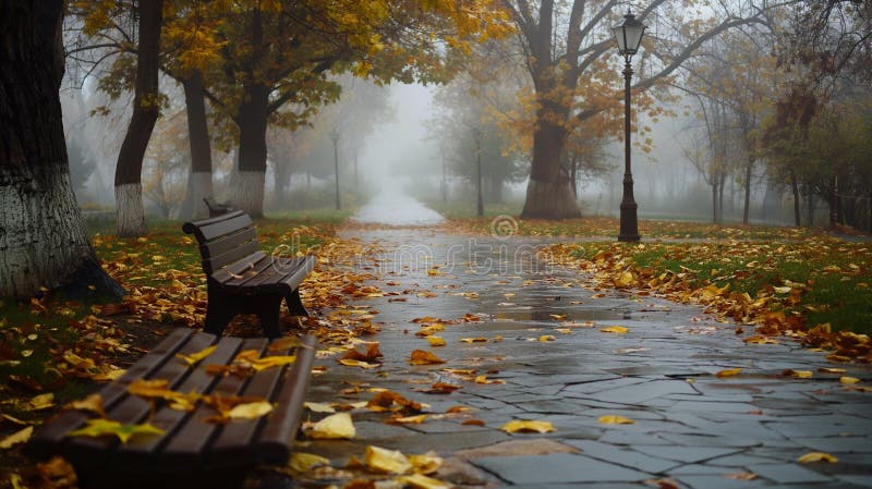 Bench in a Park, Surrounded by Fallen Leaves and the Sound of Wind ...