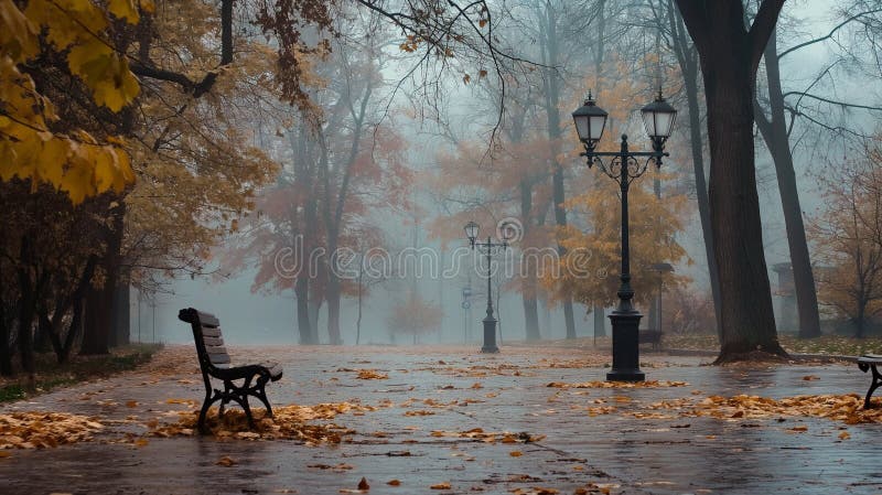 Bench in a Park, Surrounded by Fallen Leaves and the Sound of Wind ...