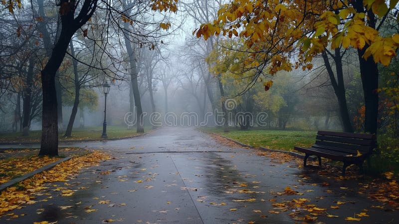 Bench in a Park, Surrounded by Fallen Leaves and the Sound of Wind ...