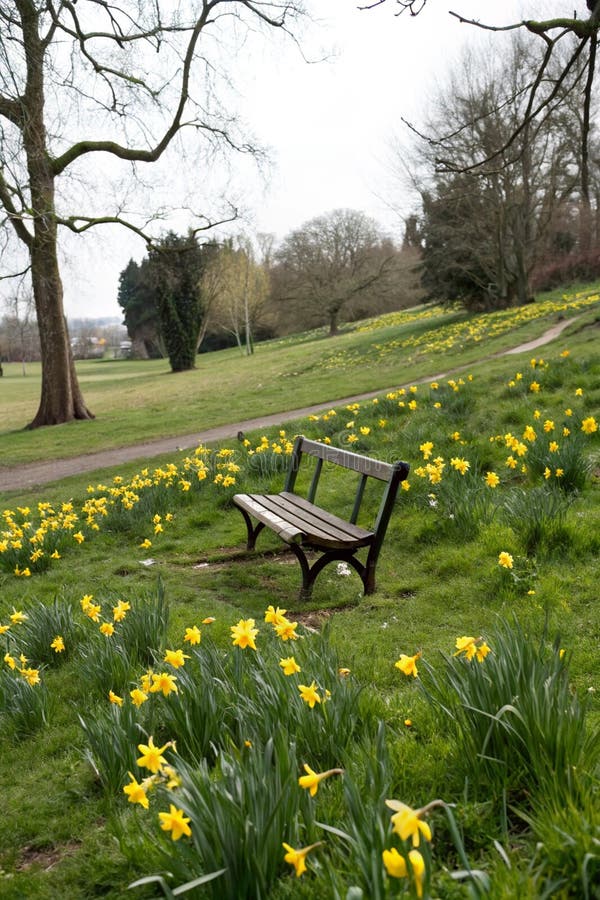 Bench in Park Surrounded by Wild Daffodils Stock Illustration ...