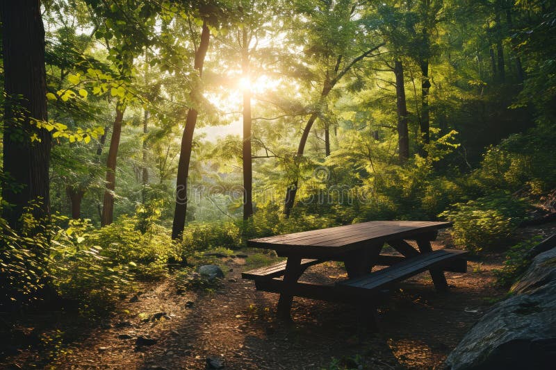 Bench with a Picnic Table in a Summer Forest. Stock Photo - Image of ...