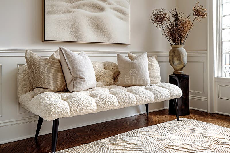 Bench with Pillows Near Wainscoting Wall. Classic Interior Design of ...