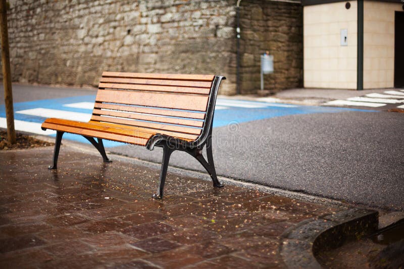 Bench after rain. stock image. Image of urban, road, drop - 72845635