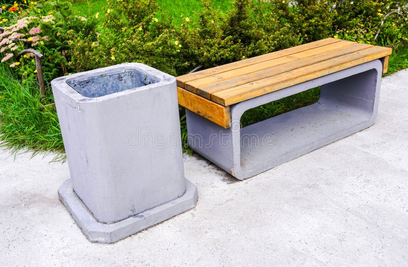 Bench for Rest and Garbage Bin for Waste Stock Image - Image of ...