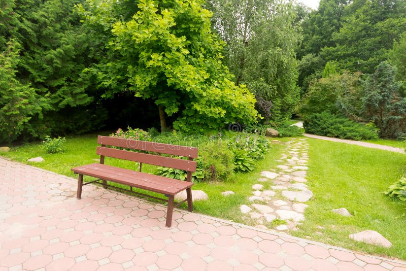 Bench for Rest in the Park Near the Path Stock Photo - Image of ...