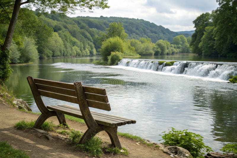 Bench by the River with Waterfall in the Background Stock Illustration ...