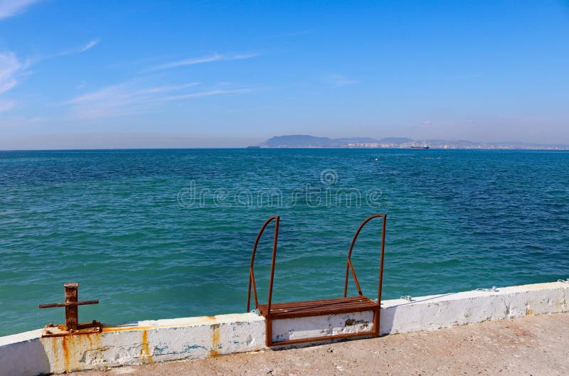 Bench with Sea View and Blue Sky Stock Photo - Image of blue, ship ...