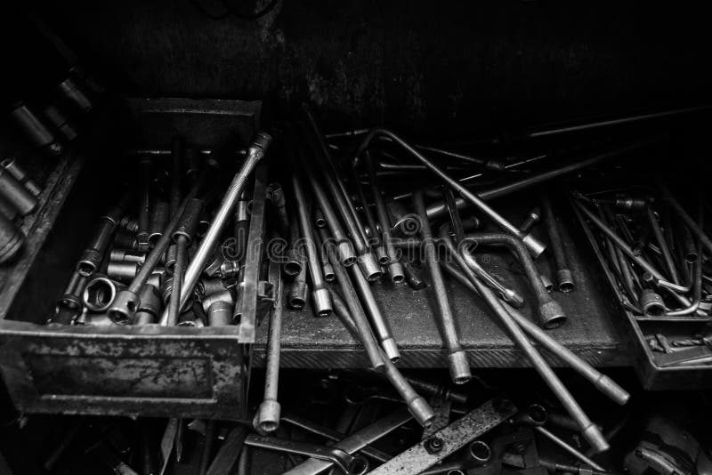 Bench with Set Bad Organized Tools. Stock Photo - Image of dirty ...