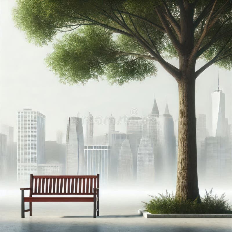 A Bench in the Shade of a Tree Overlooking the City. Space for Text ...