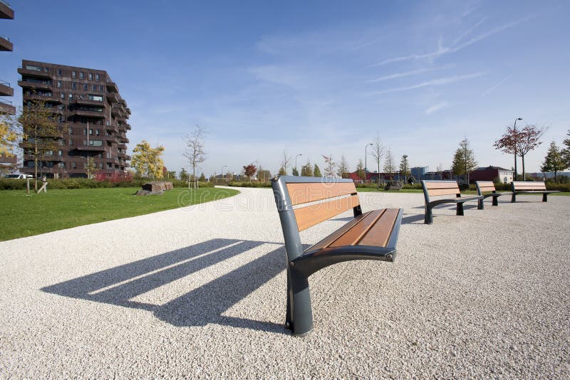 Bench stock image. Image of park, furniture, road, building - 46236143