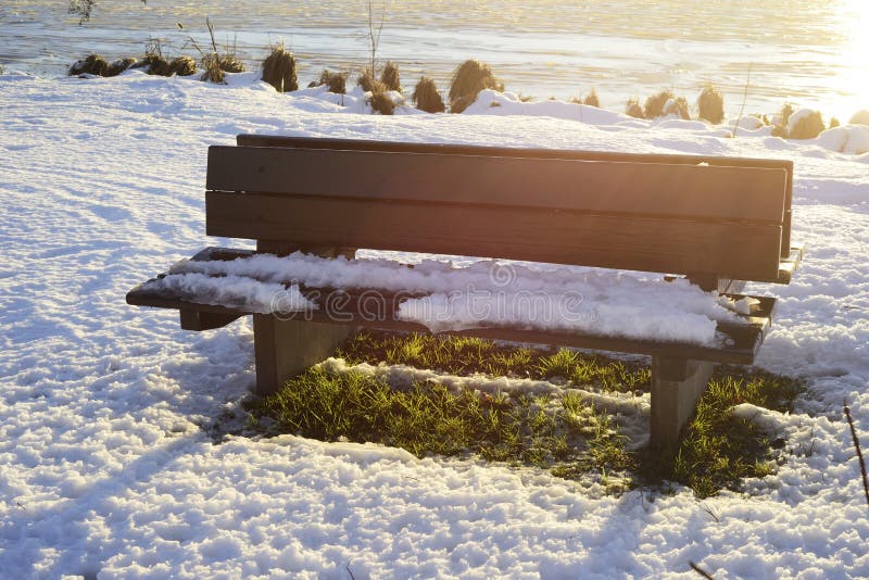 Bench on the Shore of an Snow Covered Lake Stock Image - Image of beach ...
