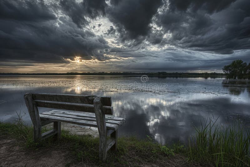 A Bench Sits in Front of a Calm Lake, with a Cloudy Sky Overhead, Calm ...