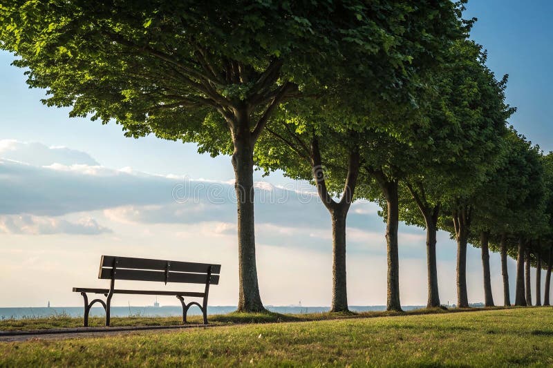 A Bench Sits in Front of a Row of Trees, AI. a Bench Sits in Front of a ...