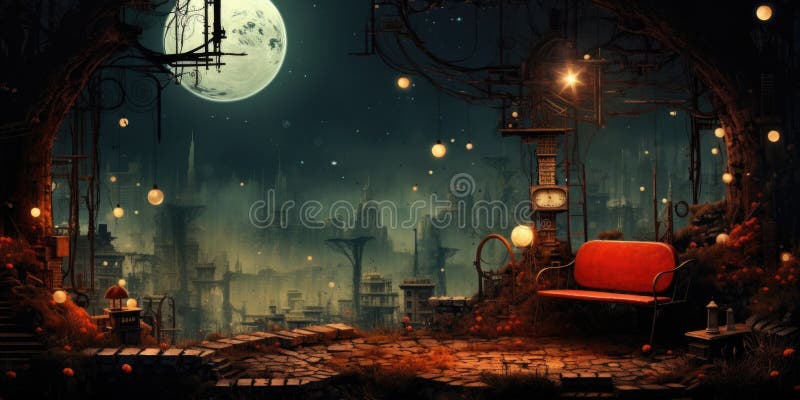 A Bench Sitting in Front of a Full Moon. AI. Stock Illustration ...