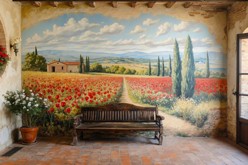 A Bench Sitting in Front of a Mural of a Field of Flowers Stock Photo ...