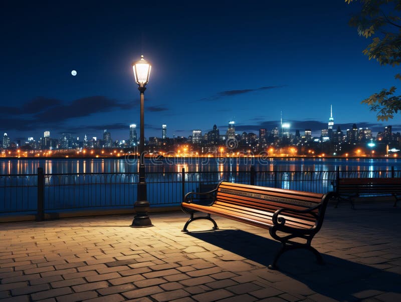 A Bench Sitting in Front of a Street Lamp at Night Stock Illustration ...
