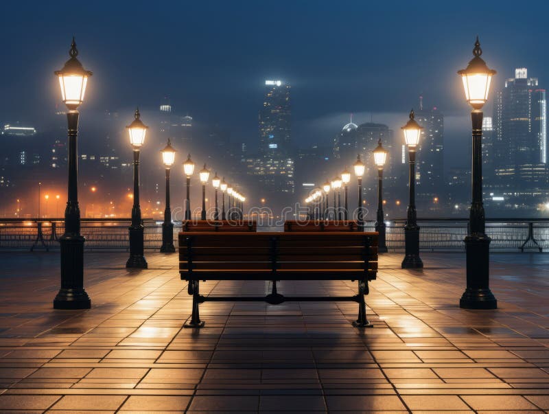 A Bench is Sitting in Front of a Street Light at Night Stock ...
