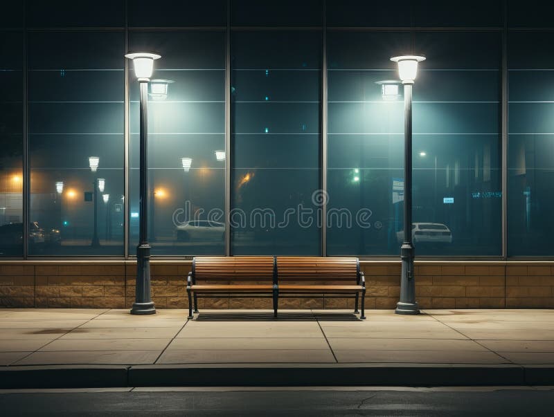 A Bench Sitting in Front of a Street Light at Night Stock Illustration ...