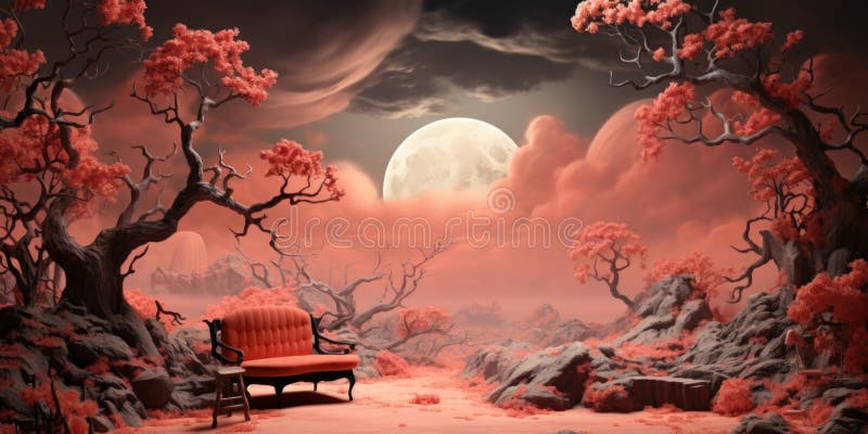 A Bench Sitting in the Middle of a Forest Under a Full Moon. AI. Stock ...