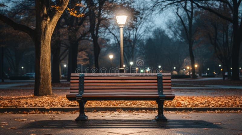 A Bench Sitting in the Middle of a Park at Night Stock Illustration ...