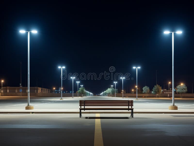 A Bench Sitting in the Middle of a Parking Lot at Night Stock ...