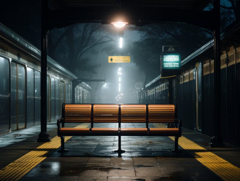 A Bench Sitting in the Middle of a Train Station at Night Stock ...