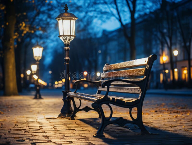 A Bench Sitting on the Side of a Street at Night Stock Illustration ...