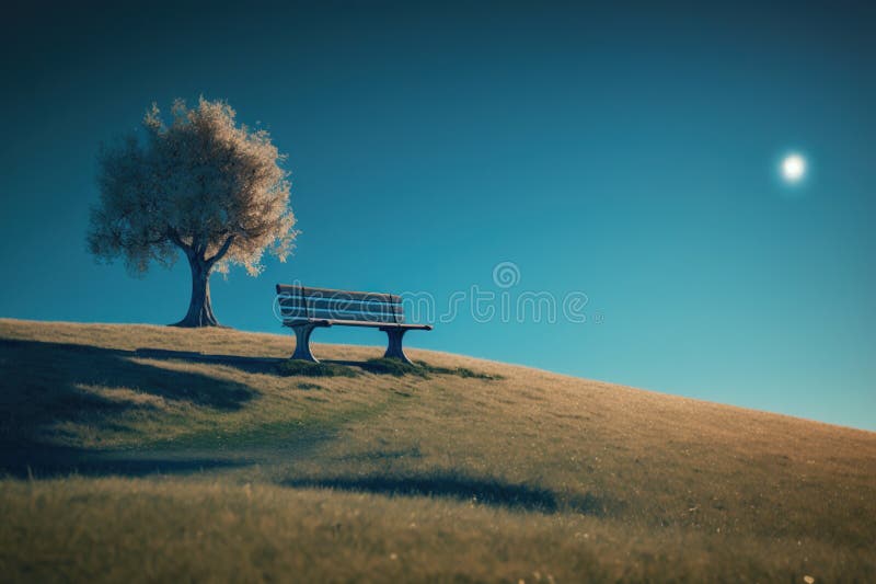 A Bench Sitting on Top of a Hill Under a Tree. Stock Illustration ...